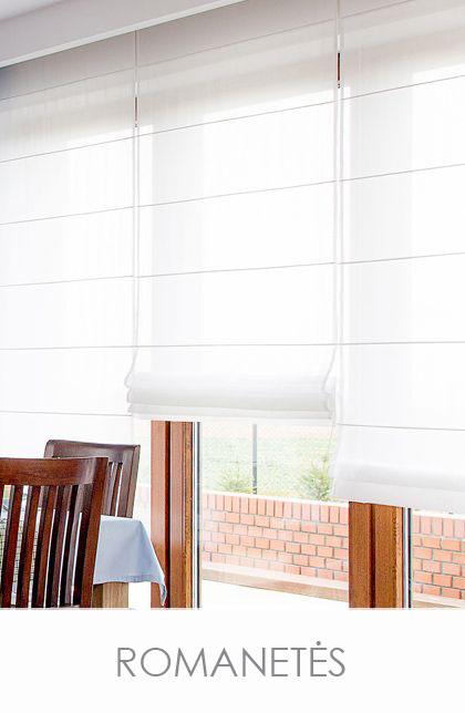 Romanetės, užuolaidos, staltiesės, roletai, lovatiesės, audiniai, baldai